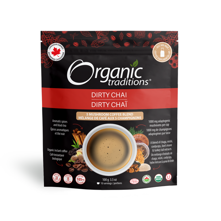Organic Traditions Dirty Chai 5 Mushroom Blend Coffee 100g – Pure Nature Nutrition Centers