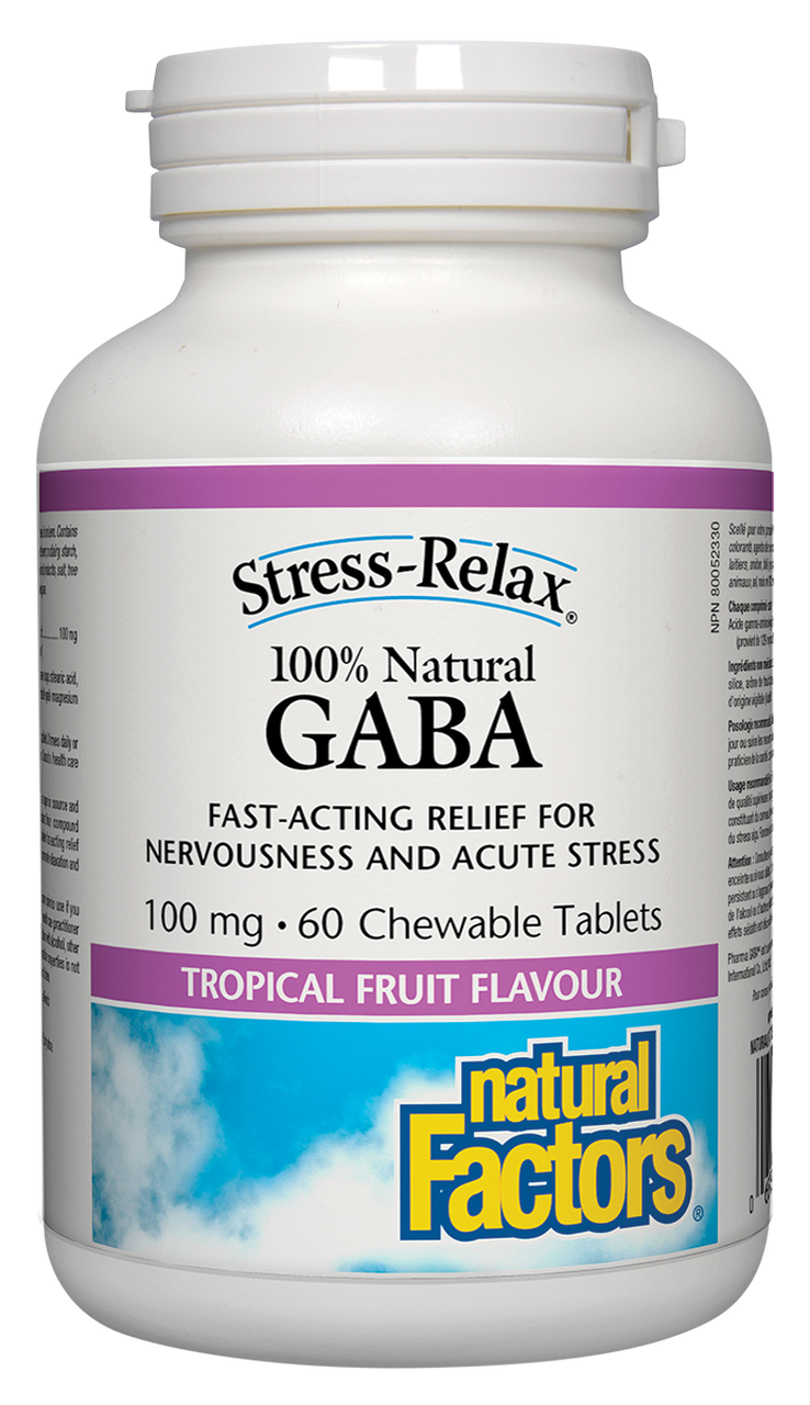 Natural Factors Stress-Relax GABA - Tropical Fruit Flavour 100mg 60 Ch ...
